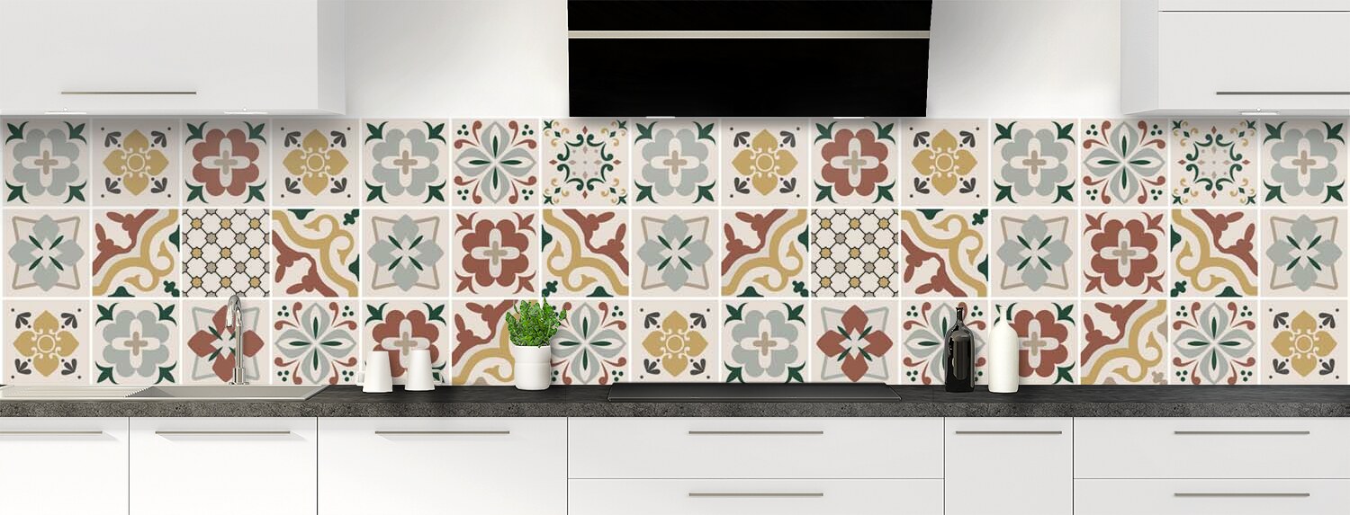 Crédence cuisine Carreaux de ciment contemporain Vert et orange, C ...